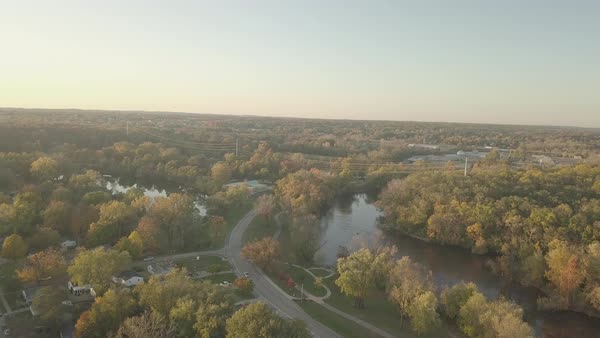 Aerial shot of river surrounded by trees, South Bend, Indiana, United ...