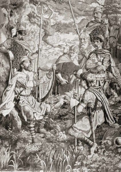 King Alfred disguised as a strolling minstrel and playing the harp in ...