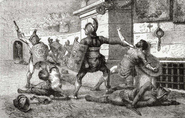 A combat between Gladiators in ancient Rome. The vanquished appealing ...
