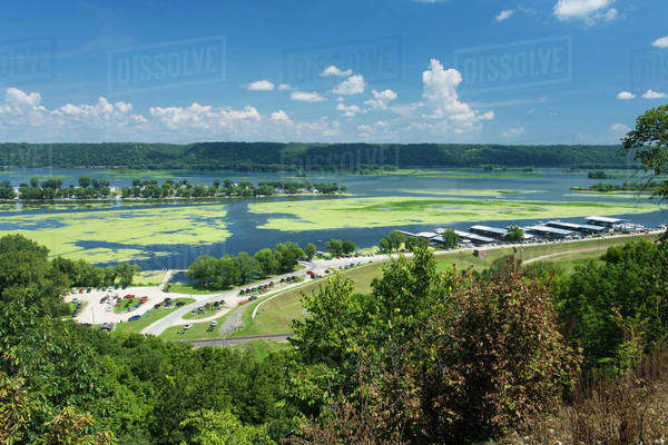 View of Bussey Lake and boat docks along the Mississippi River ...