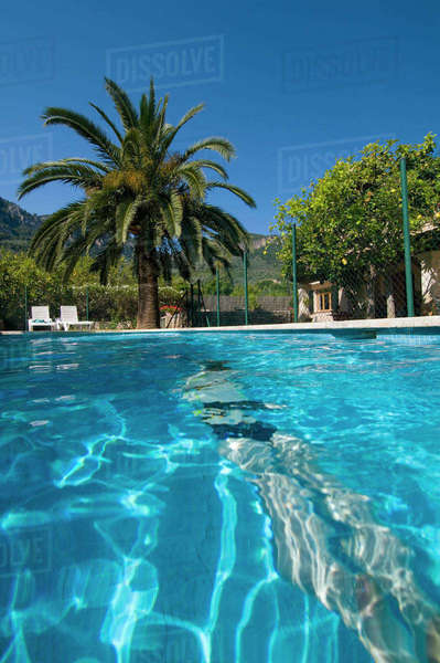 Woman Swimming Underwater In Outdoor Pool,Rear View, Soller,Majorca ...