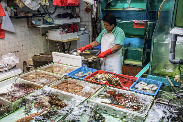 Fish seller in market; Hong Kong, China - Stock Photo - Dissolve