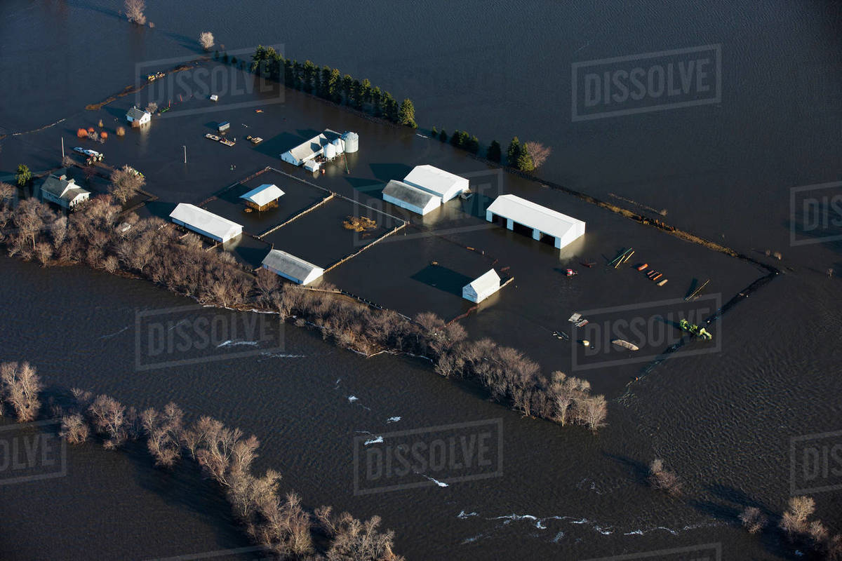 Agriculture - Late afternoon aerial view of flooded farmland and the ...