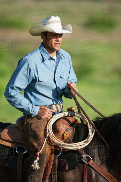 Agriculture - A cowboy on horseback on a western rangeland / Childress ...