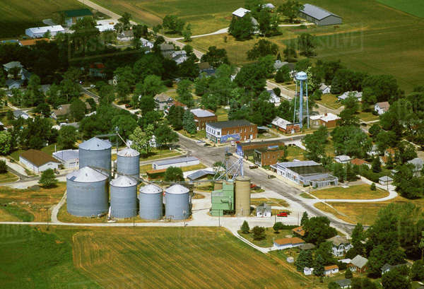 Agriculture - Aerial view of a farm town showing the main street, water ...