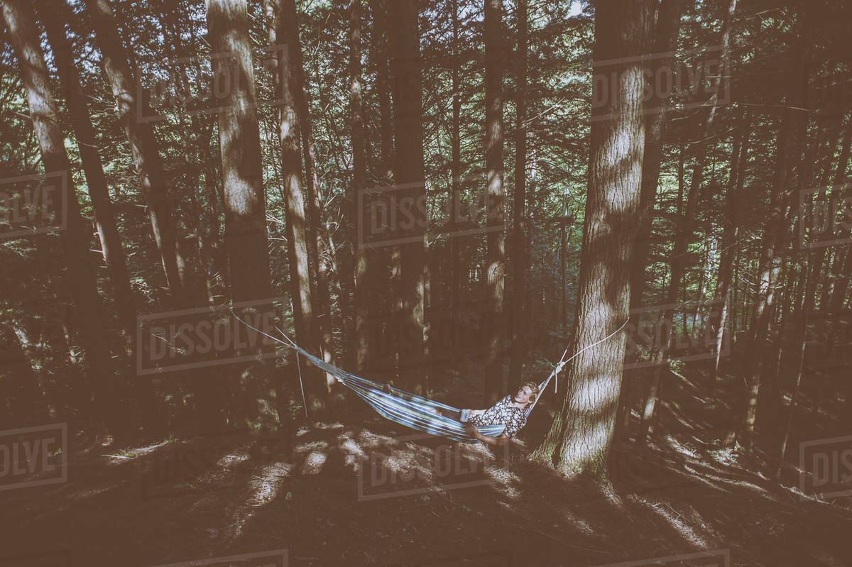 Young man laying in a hammock in a forest, Little River State Park ...