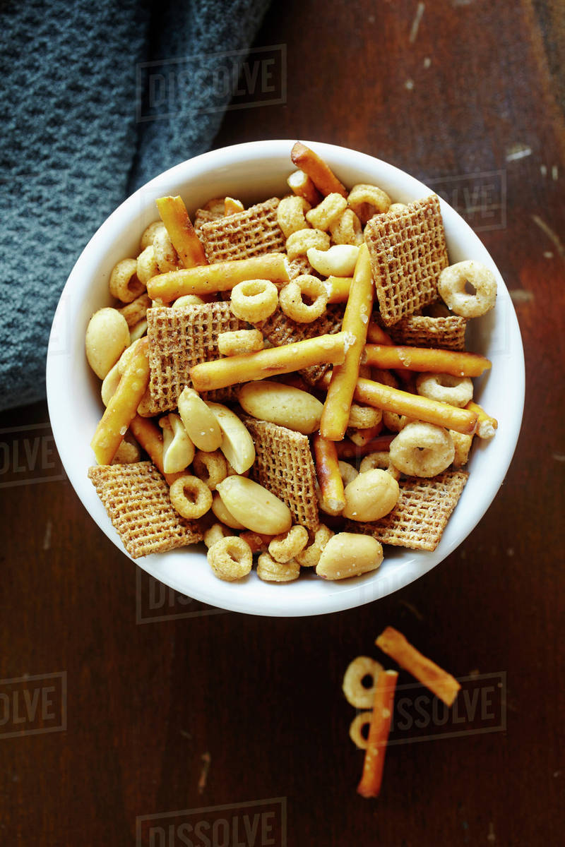 Bits and Bolts snack mix in a bowl - Stock Photo - Dissolve