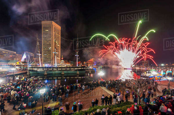 Fireworks shooting off a barge during New Years Eve celebration at ...