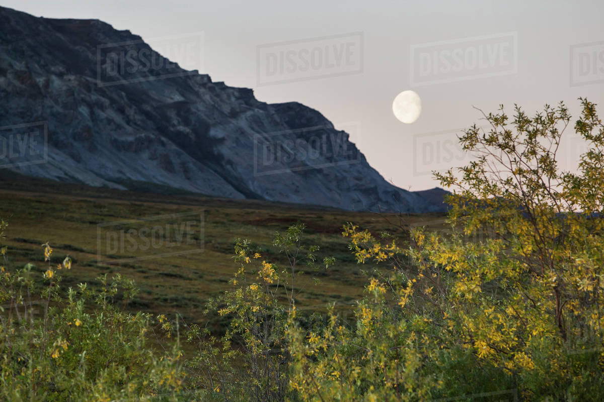 A moon in the sky and brooks range gates of the arctic national park ...