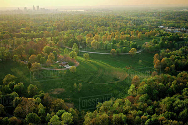 Aerial view over 409-acre Cherokee Park, designed in 1891 by Frederick ...