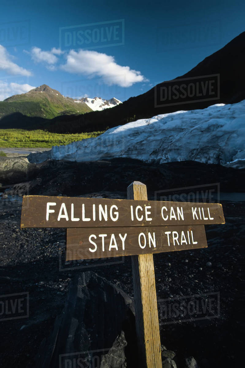 Warning sign near Exit Glacier, Kenai Fjords National Park in Alaska ...