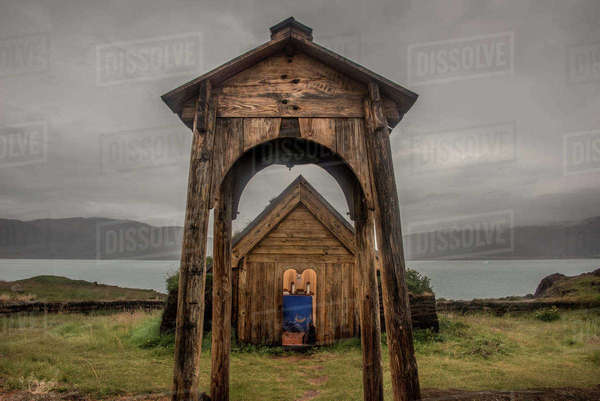 Wooden arches and building of the recreated Tjodhilde Church in ...