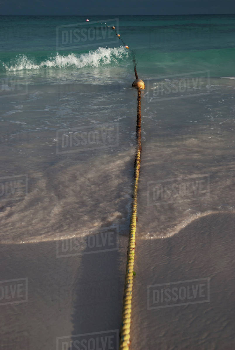 Safety rope with buoys floating in the ocean; Tulum, Mexico - Stock ...