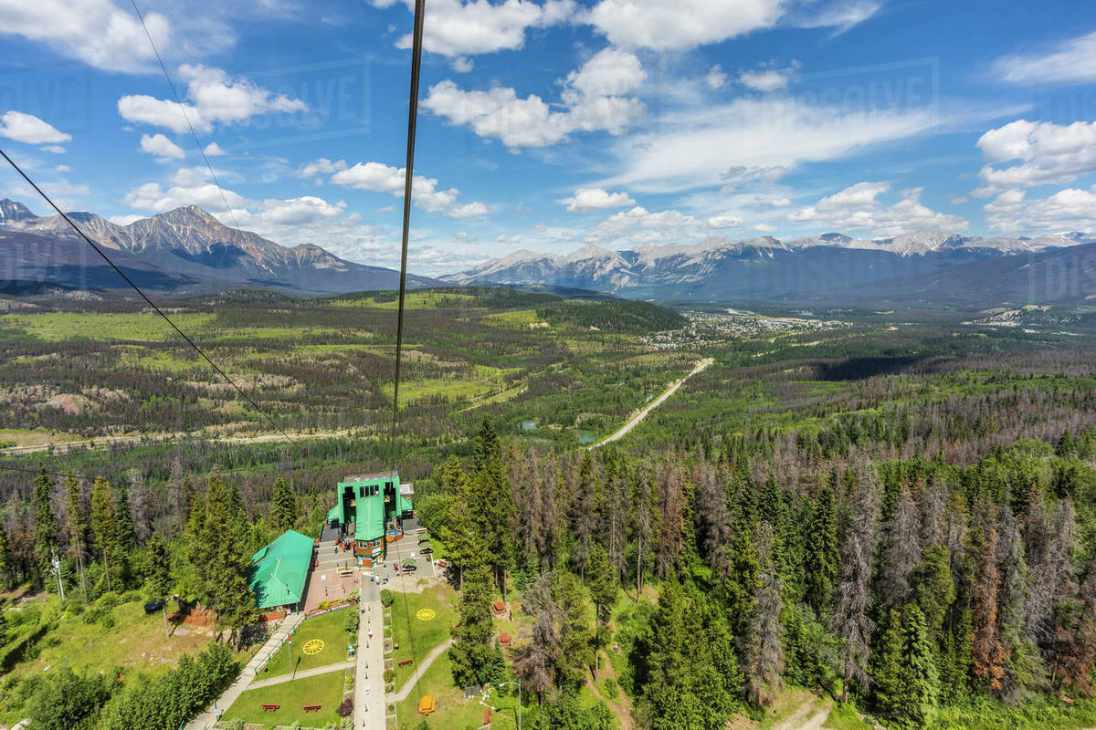 Aerial view of Jasper and the Skytram lower station from a Skytram ...