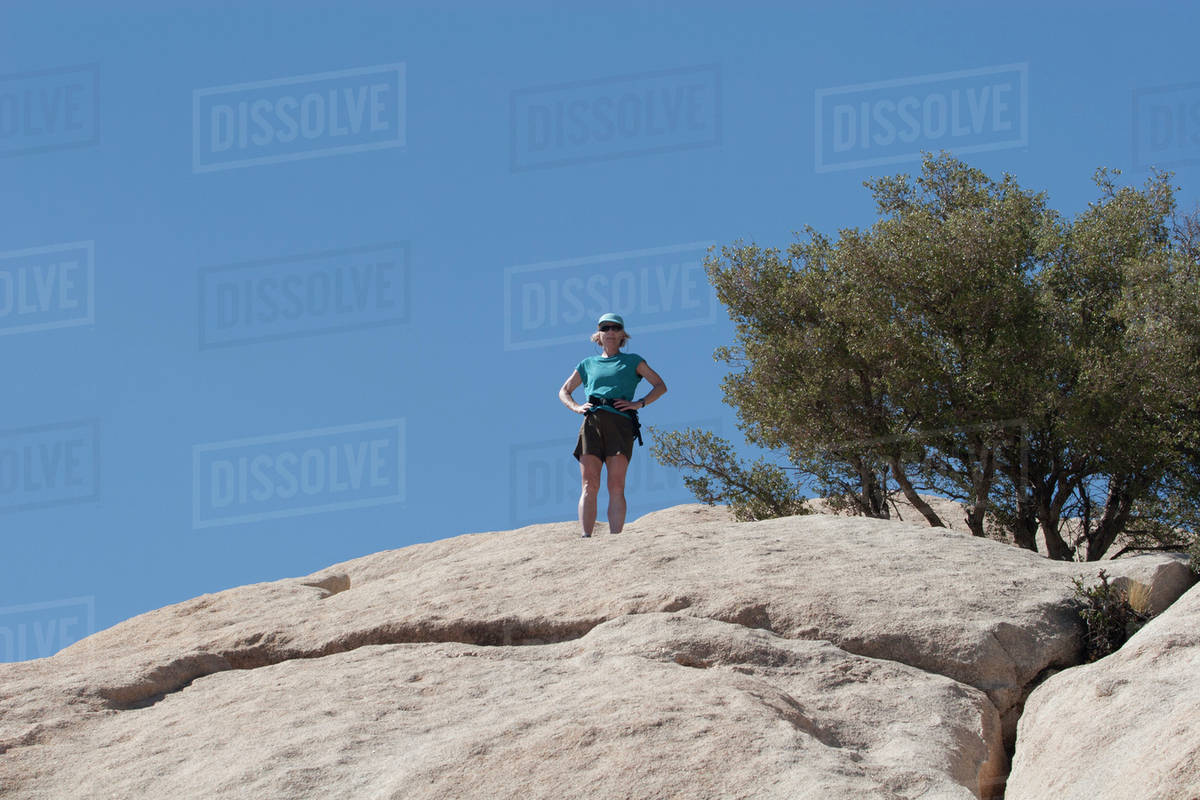 Female Hiker On Top Of Large Rounded Rock With Desert Shrub And Blue ...