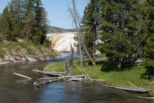 White and colorful mineral deposits from geothermal features behind ...
