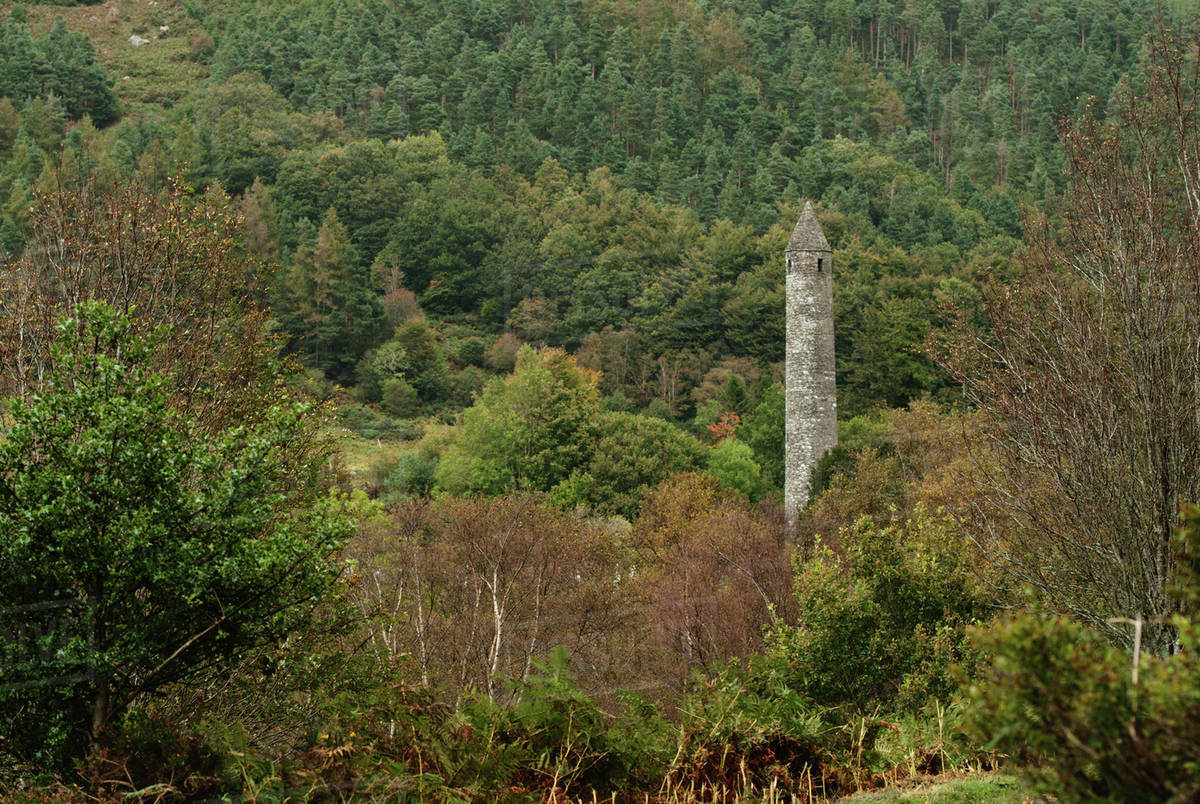 Round Tower In A Forest; Ireland - Stock Photo - Dissolve