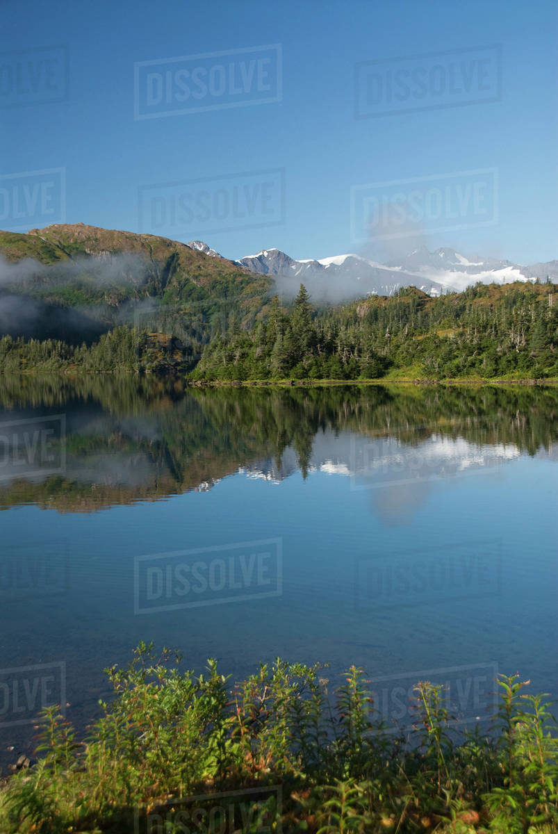 Shrode lake with low lying fog;Prince william sound alaska united ...