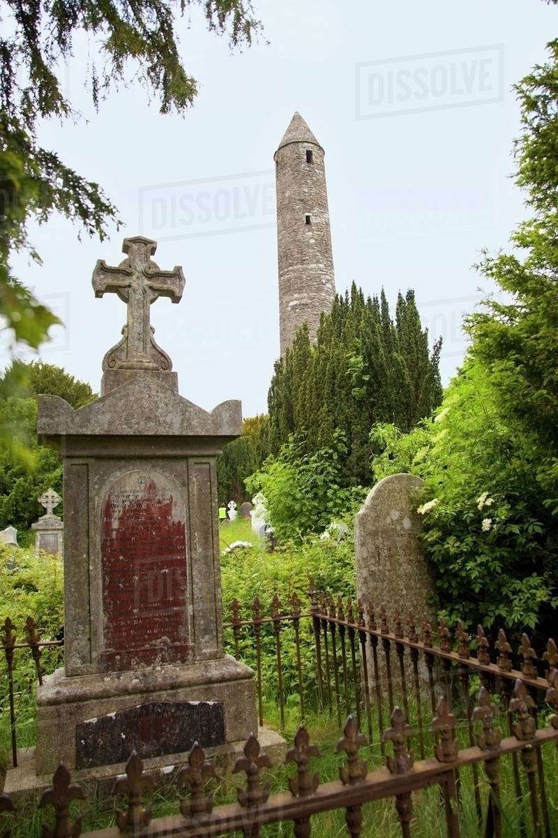 Tombstones In A Cemetery And A Round Tower On A 6Th Century Monastic ...
