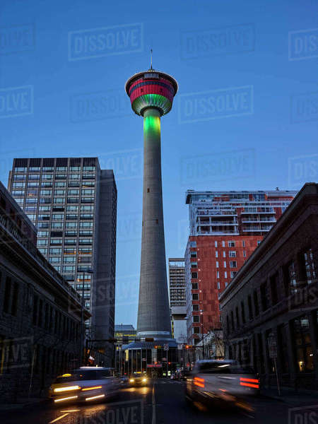 Calgary Tower at dusk; Calgary, Alberta, Canada - Stock Photo - Dissolve