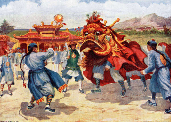 A Chinese death ceremony involving men dressed as a dragon which tries ...