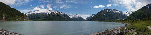 Panorama of Portage Lake and the surrounding mountains and glaciers ...