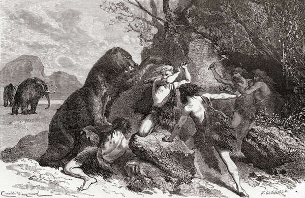 Prehistoric men fighting a great bear. From L'Homme Primitif, published ...