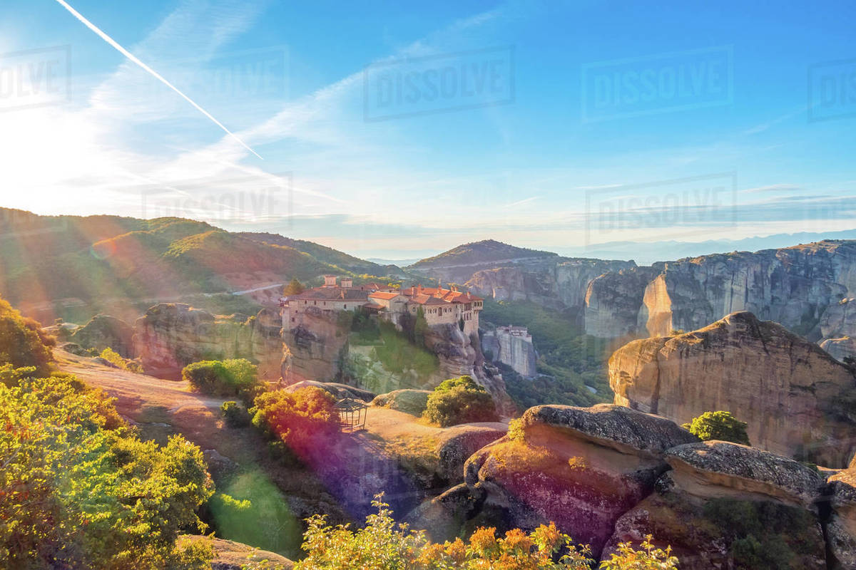 Greece. Summer dawn over a Greek rock monastery in Meteora (near ...
