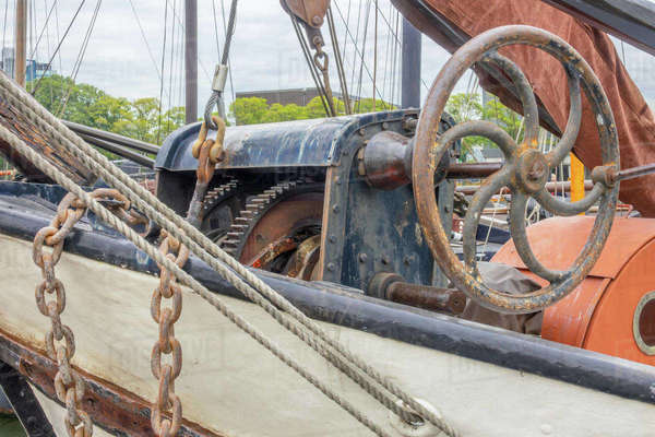 Netherlands. Vintage mechanical winch on a very old ship in Amsterdam ...