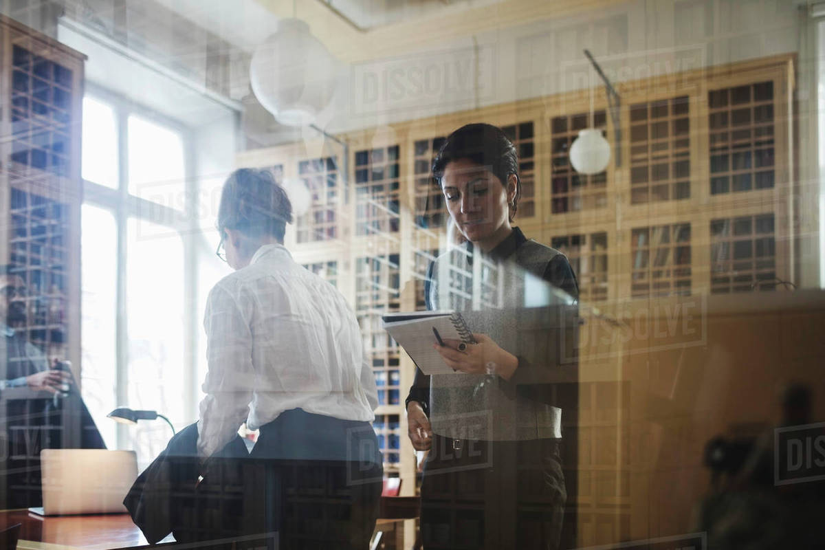 Female professional reading from spiral notebook seen through glass in ...