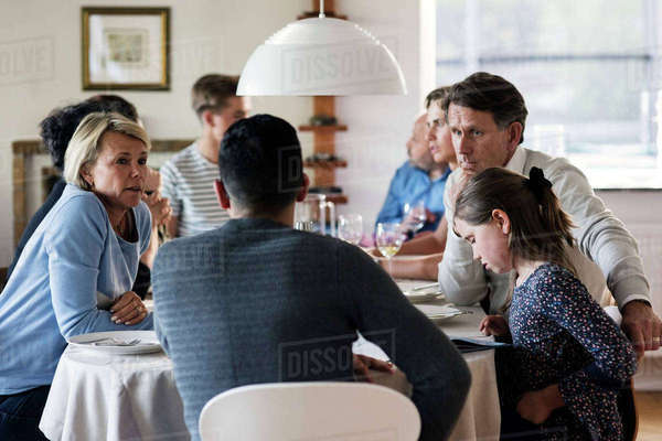 Multi-ethnic friends and family talking at dining table in dinner party ...