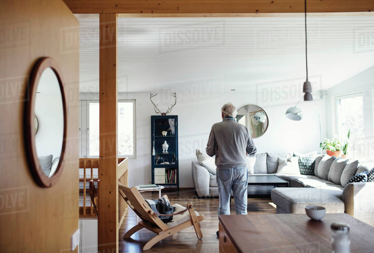 Rear view of senior man standing in living room at home on sunny day ...
