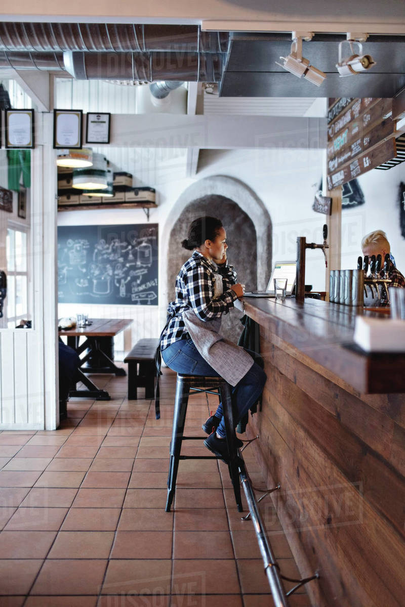 Side view of female bartender using laptop while sitting at bar counter ...
