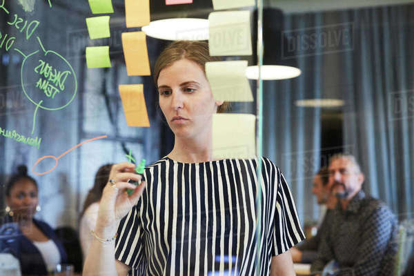 Creative businesswoman writing on glass while colleagues in background ...