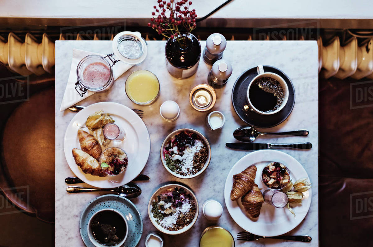 Directly above shot of breakfast on table in hotel - Royalty-free Stock ...