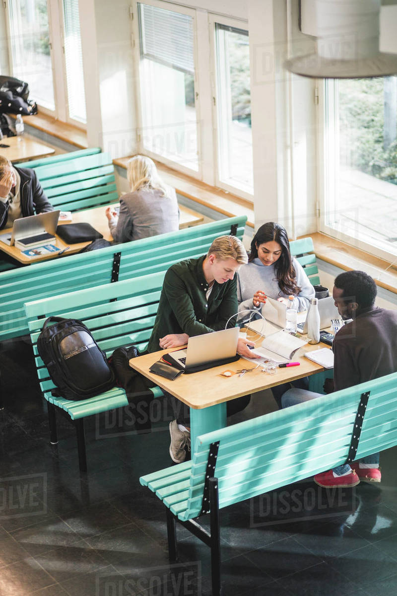 Male and female students studying at table in cafeteria - Stock Photo ...