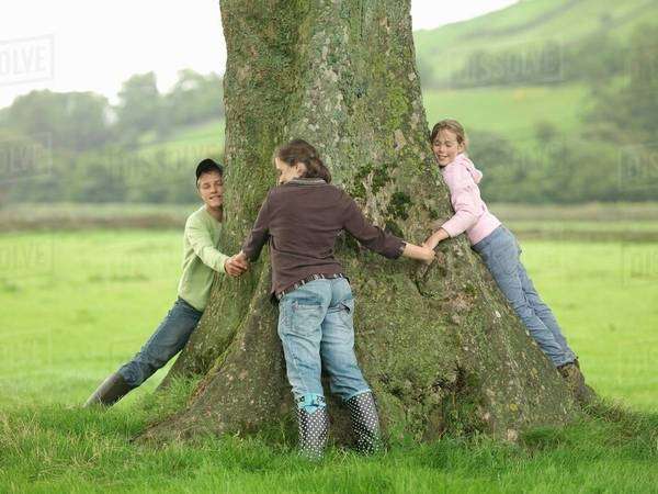 Children Hugging Tree - Stock Photo - Dissolve