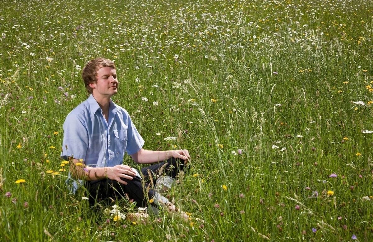 Man sitting in grass with spring flowers - Royalty-free Stock Photo ...