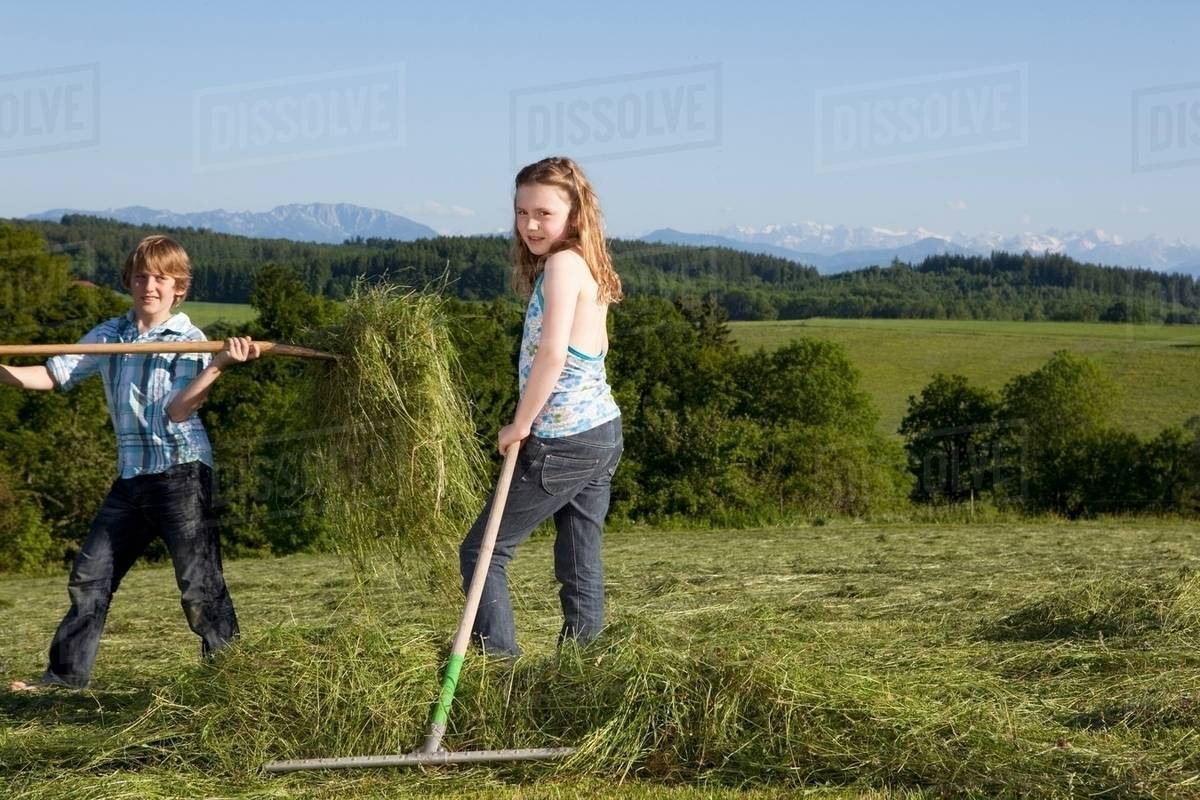 Boy and girl raking lawn - Royalty-free Stock Photo | Dissolve