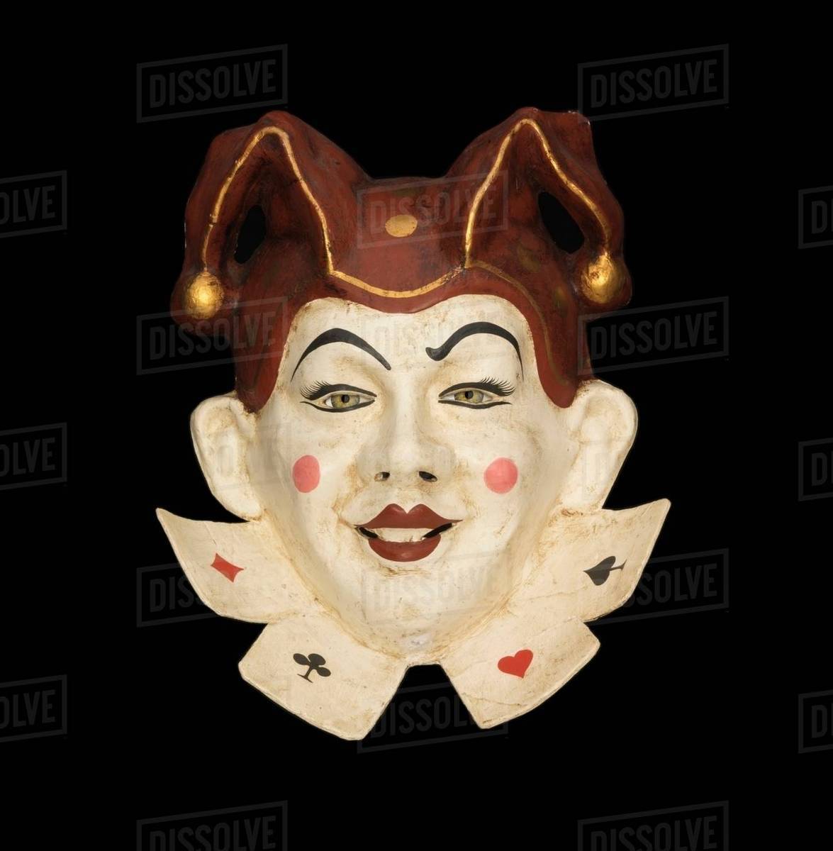 Smiling venetian jester face mask with jester hat on black background ...
