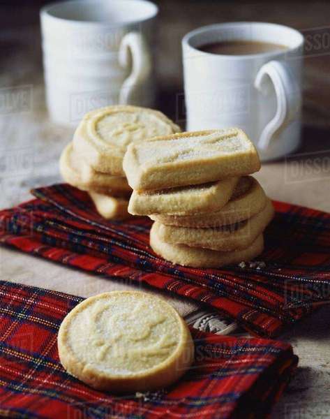 Luxury Scottish all butter shortbread biscuits stacked on tartan tea ...