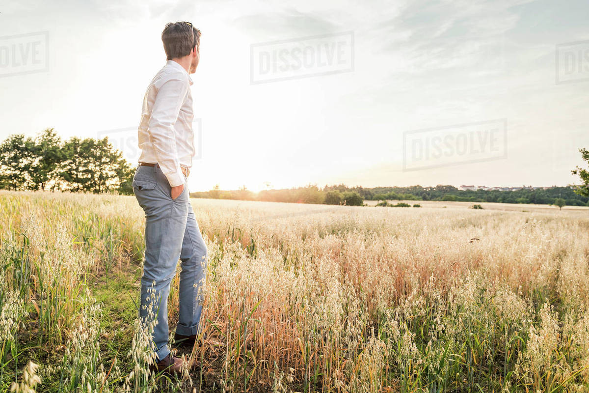 Smart young man looking across field, Kirchheimbolanden, Rheinland ...