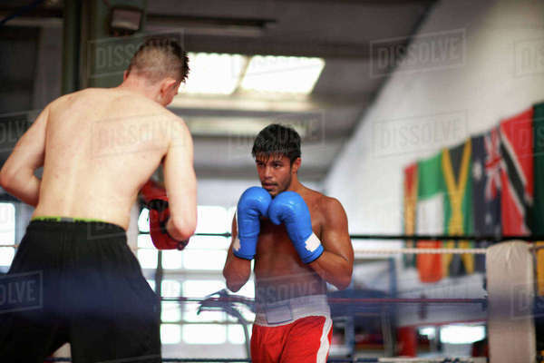 Two boxers sparring in boxing ring - Stock Photo - Dissolve
