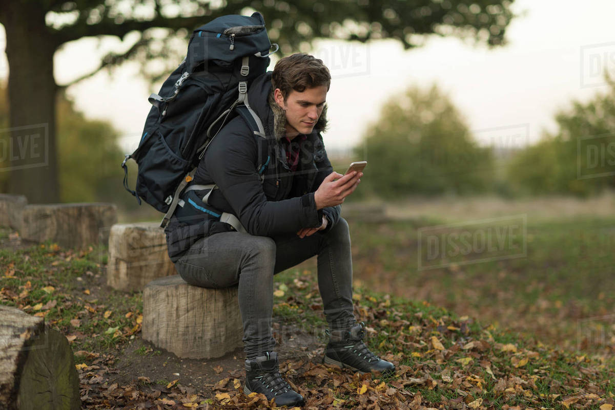Young man sitting on tree stump, using smartphone - Royalty-free Stock ...