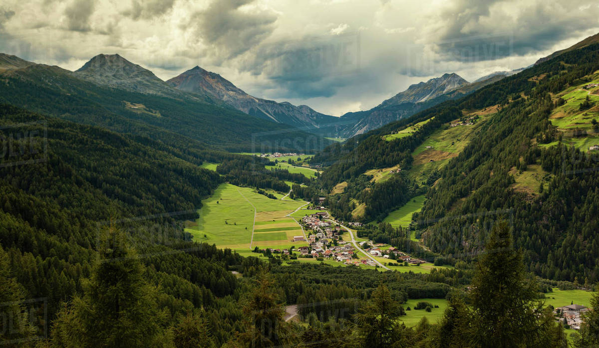 Landscape view of mountains and village in Vinschgau Valley, South ...