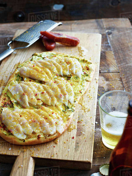KIng fish carpaccio pizza on serving board - Royalty-free Stock Photo ...