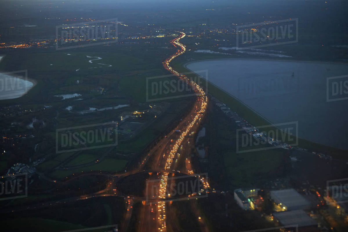 High angle view of Heathrow airport and M25 illuminated at night ...
