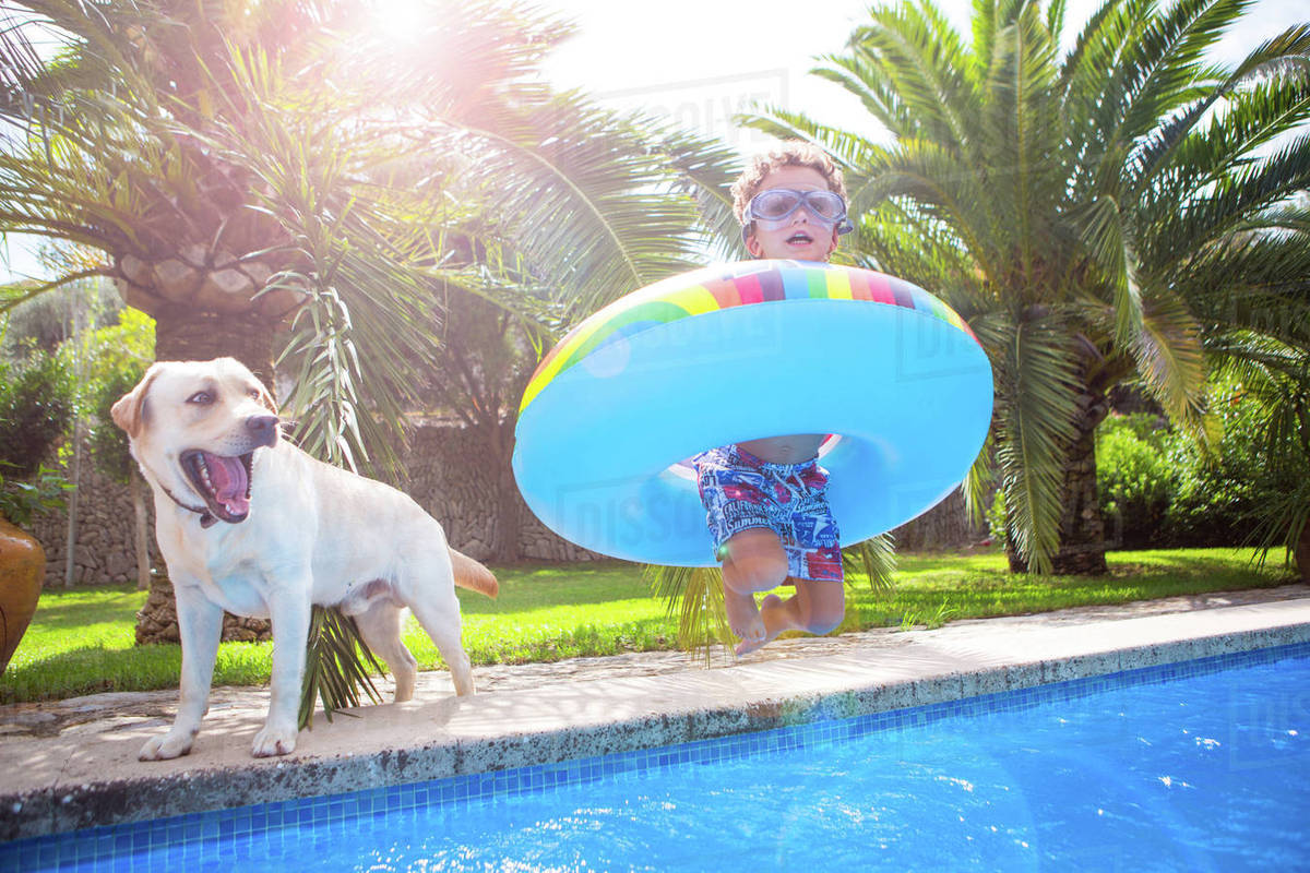 Boy with inflatable ring on poolside with golden retriever, portrait ...