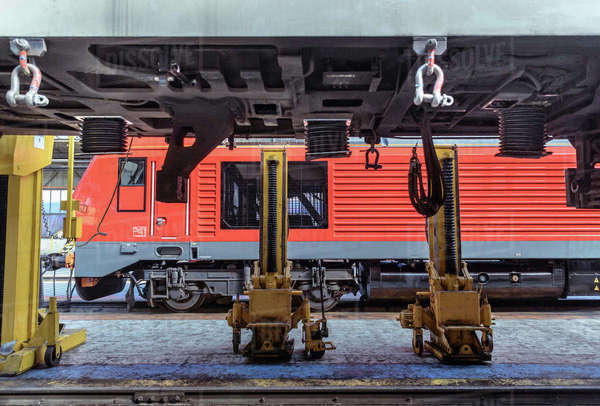 Refurbished locomotive in train engineering factory - Stock Photo ...