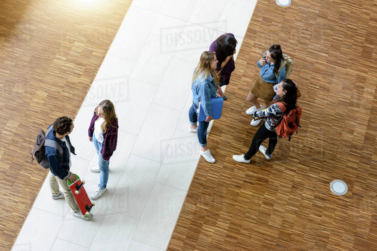 Male and female university students chatting in university lobby, high ...